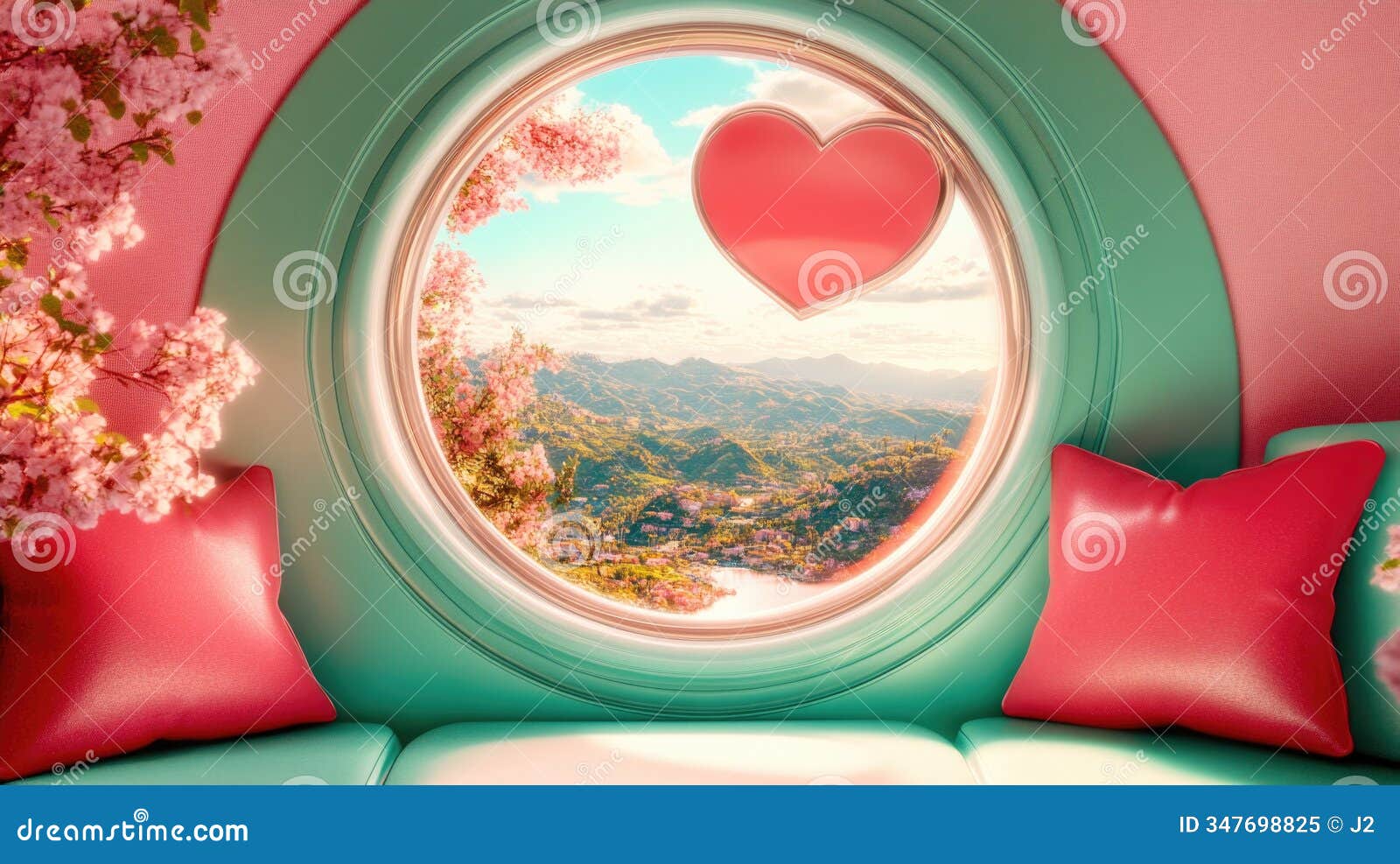 Heart-shaped Window View with Cherry Blossoms and Mountain Landscape ...