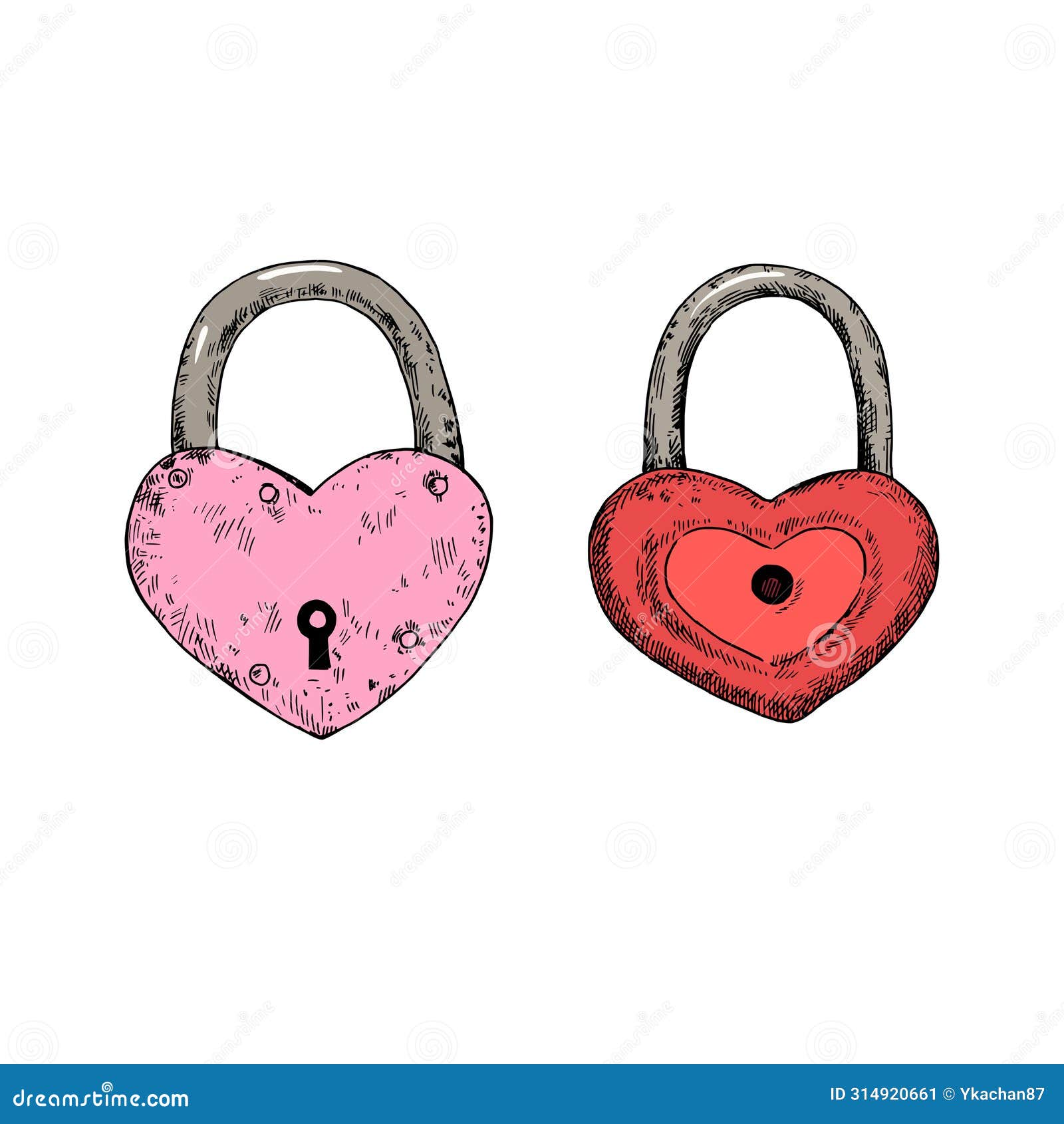 Heart-shapes Padlocks in Retro Style. Hand-drawn Design Elements Stock ...