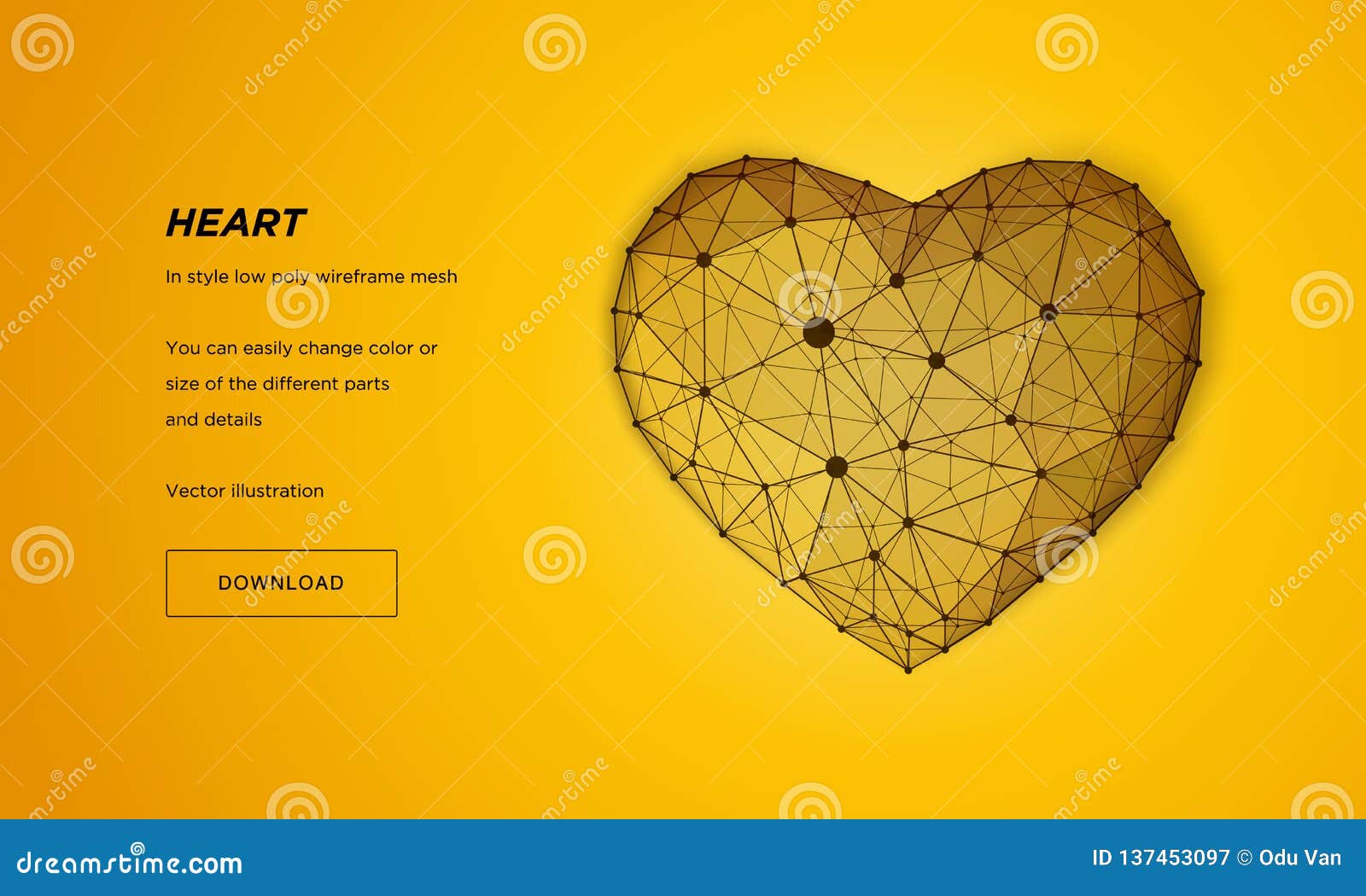 Heart in Style Low Poly Wireframe Mesh. Abstract on Yellow Background ...