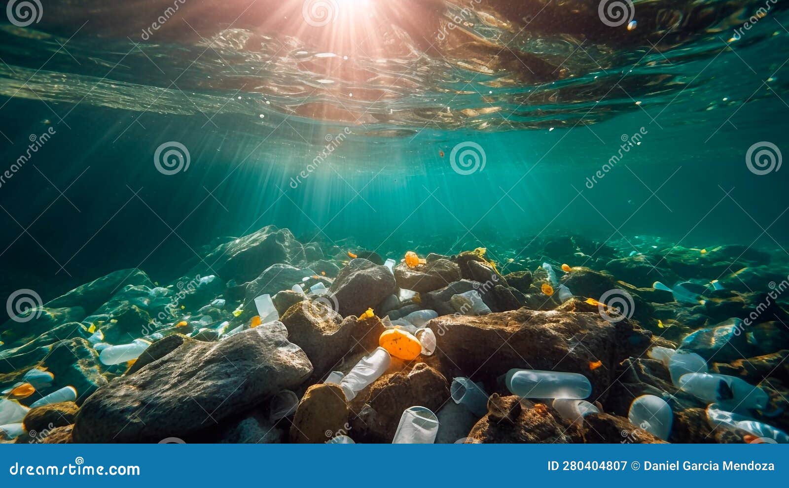 Garbage Pollution Floating In Ocean. Plastic Waste Taints Water ...