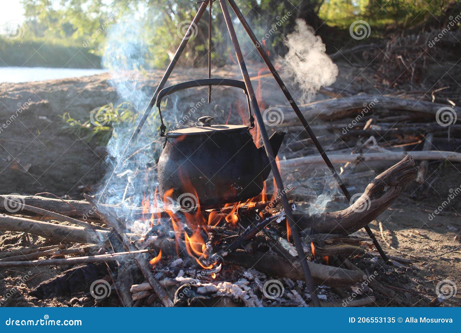 The Hearth with a Pot Boils on Fire Hiking in Nature Stock Image ...
