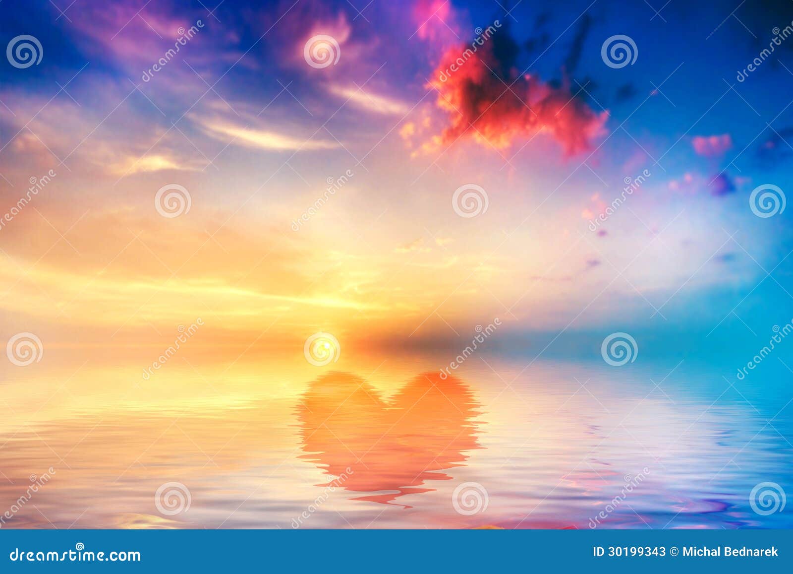 Heart Shape in Calm Ocean at Sunset. Beautiful Sky Stock Illustration ...