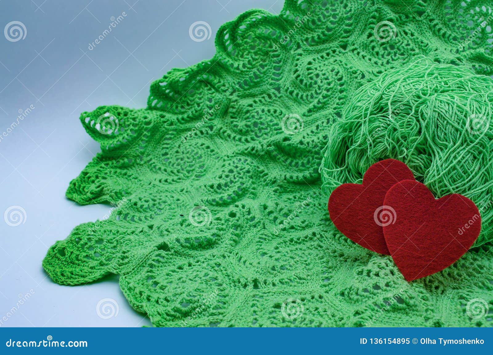 Hearts on the Background of a Knitted Pattern Green Threads Made by the ...