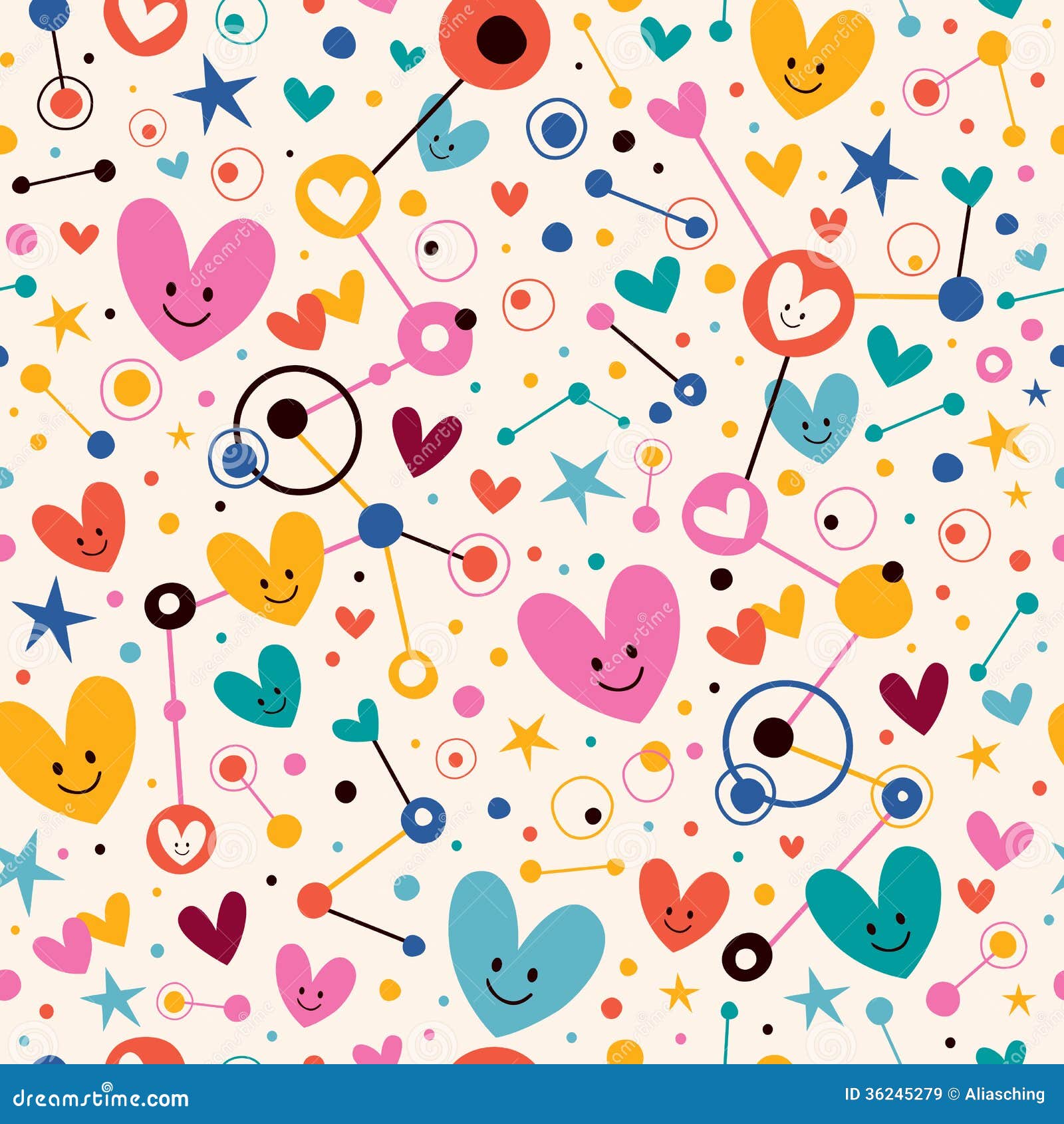 Hearts, Dots and Stars Funky Cartoon Pattern Stock Vector ...