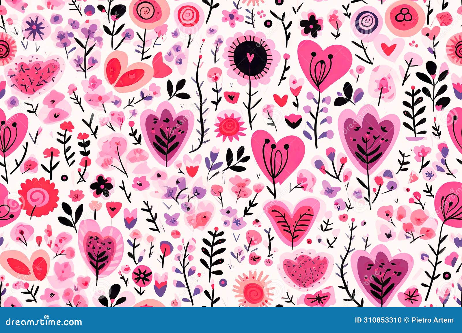 Hearts and Flowers Pattern on White Background Stock Photo - Image of ...