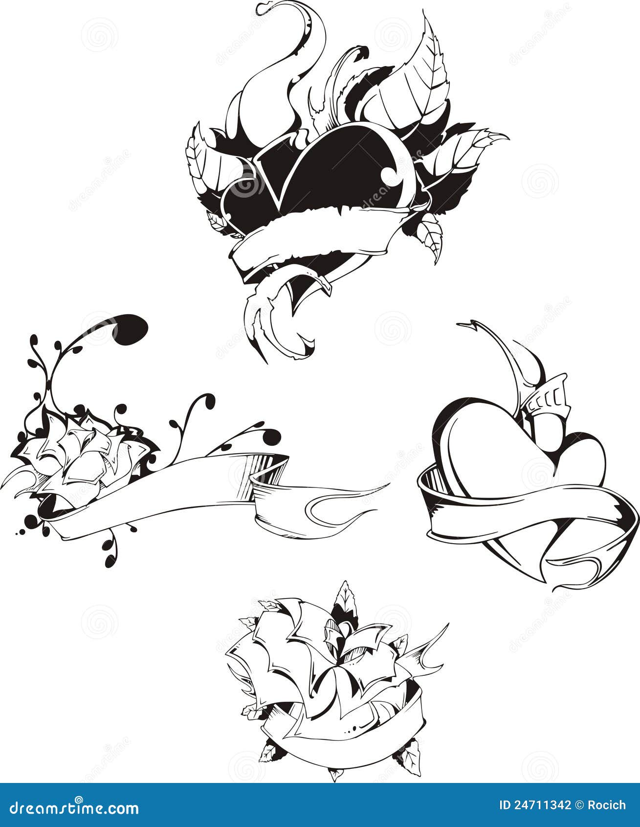 Hearts and Flowers with Ribbons Stock Vector - Illustration of pattern ...