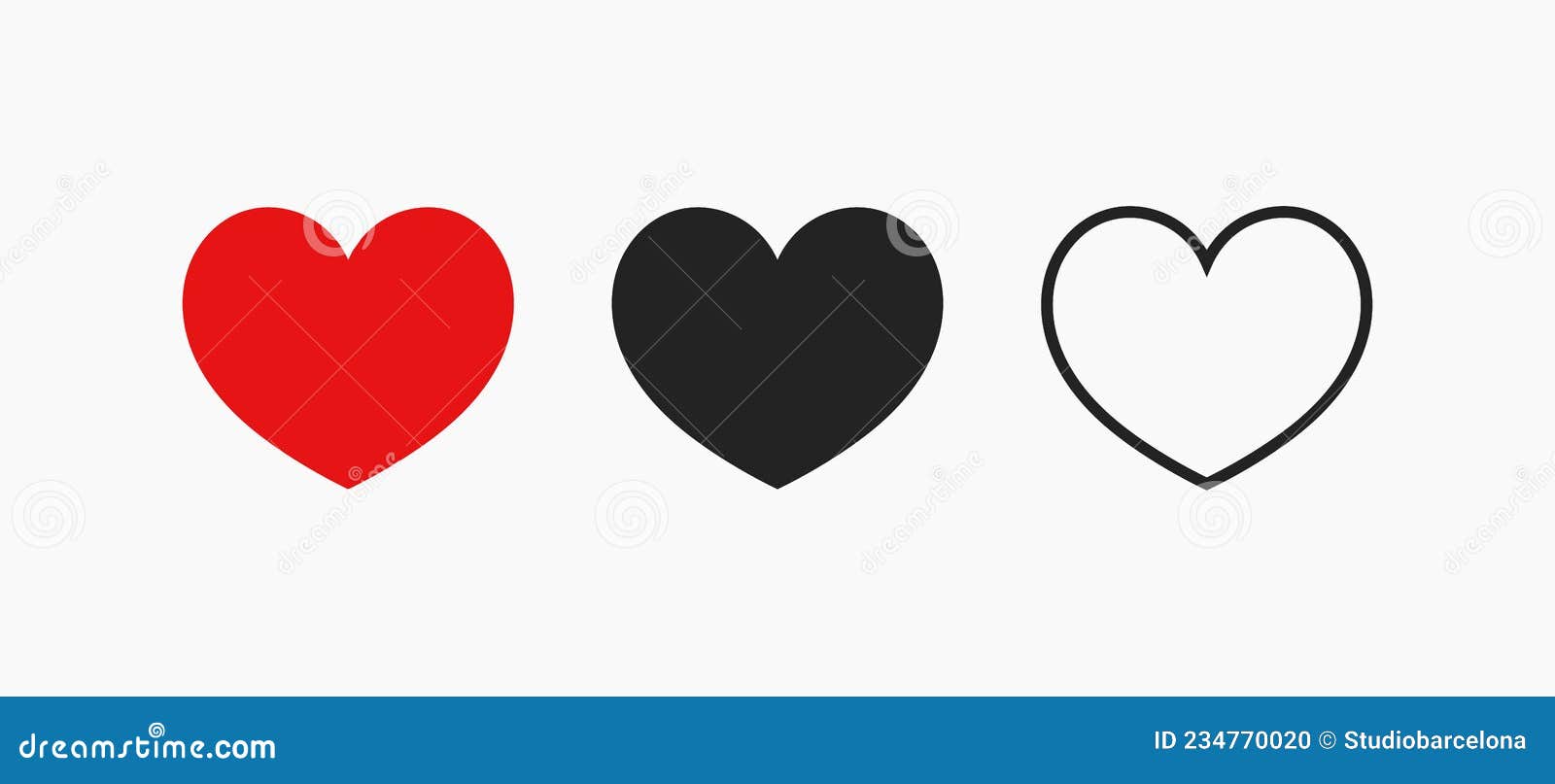 Hearts Icons Set. Red, Back and Outline Heart Stock Vector ...