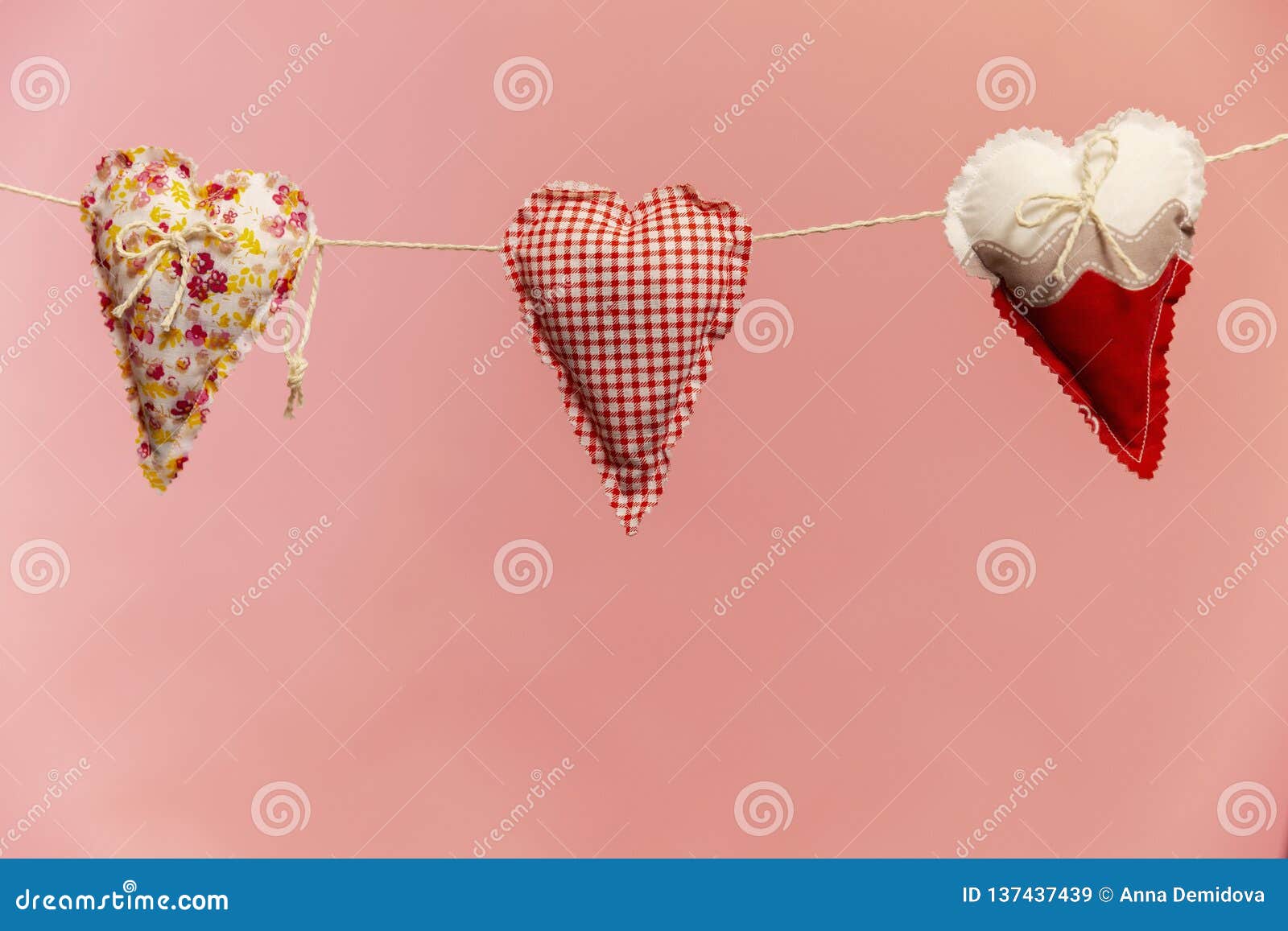 Hearts Made of Cloth on a Pink Background, Handmade Stock Illustration ...
