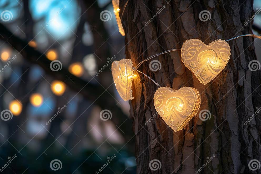 Heartshaped String Lights Wrapped Around a Tree Stock Image - Image of ...