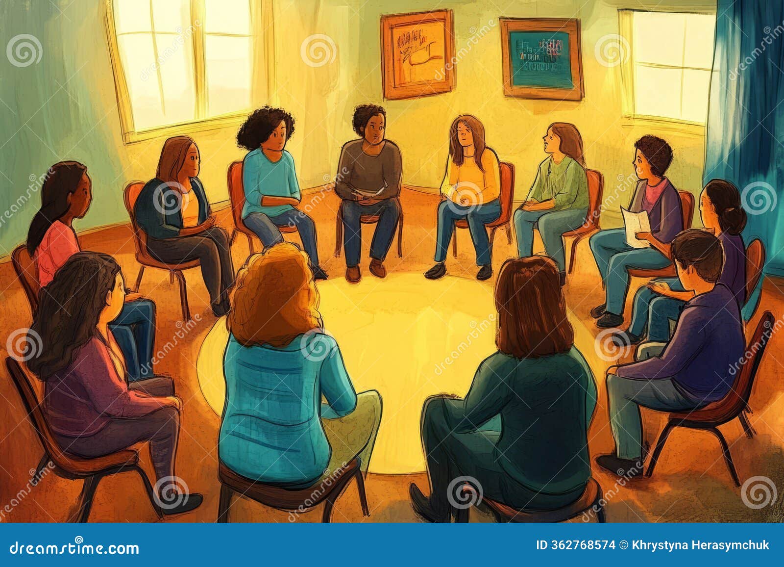 A Heartwarming Illustration of a Support Group Sitting in a Circle ...
