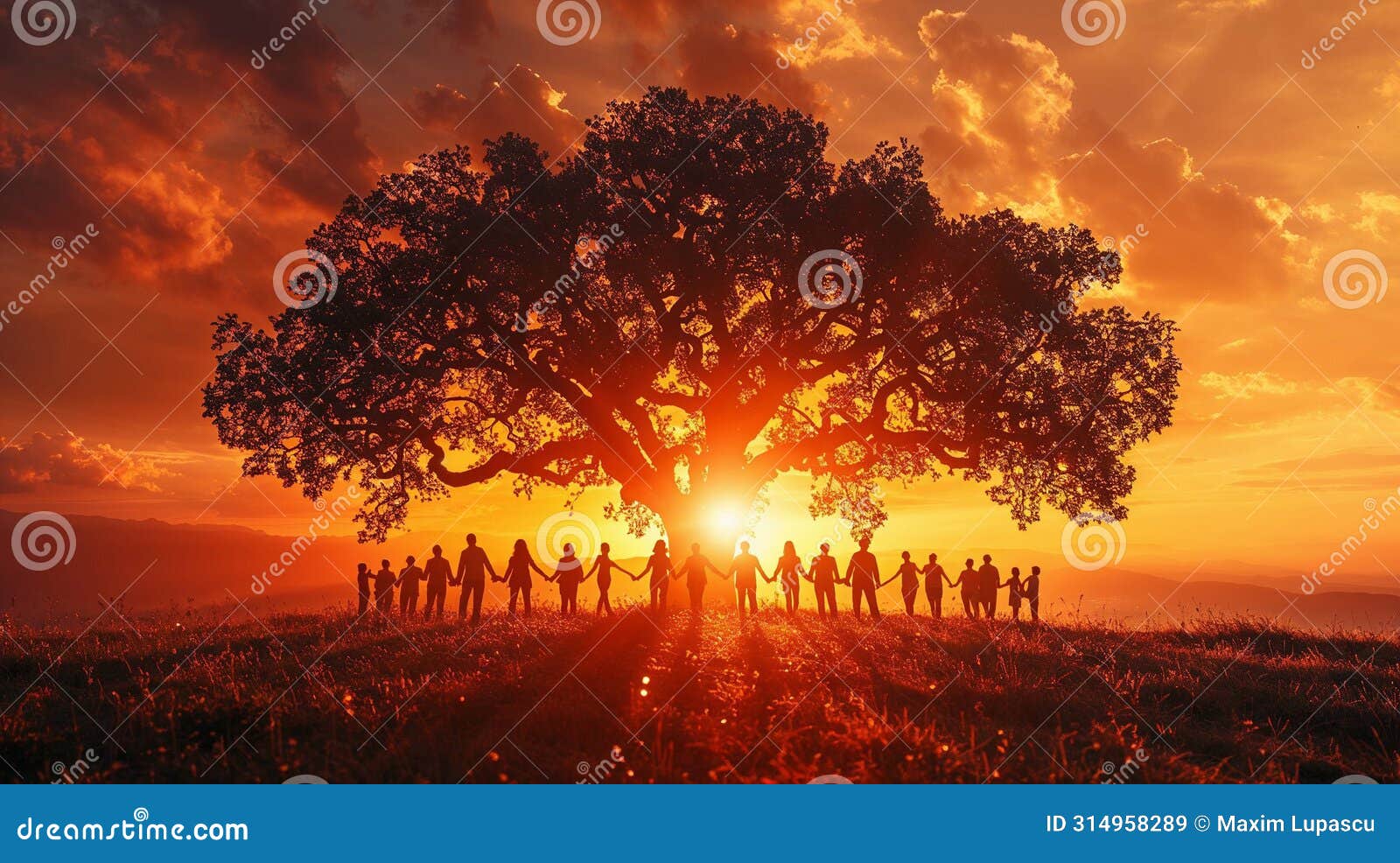 Unity at Sunset: People Holding Hands Around a Majestic Tree Stock ...