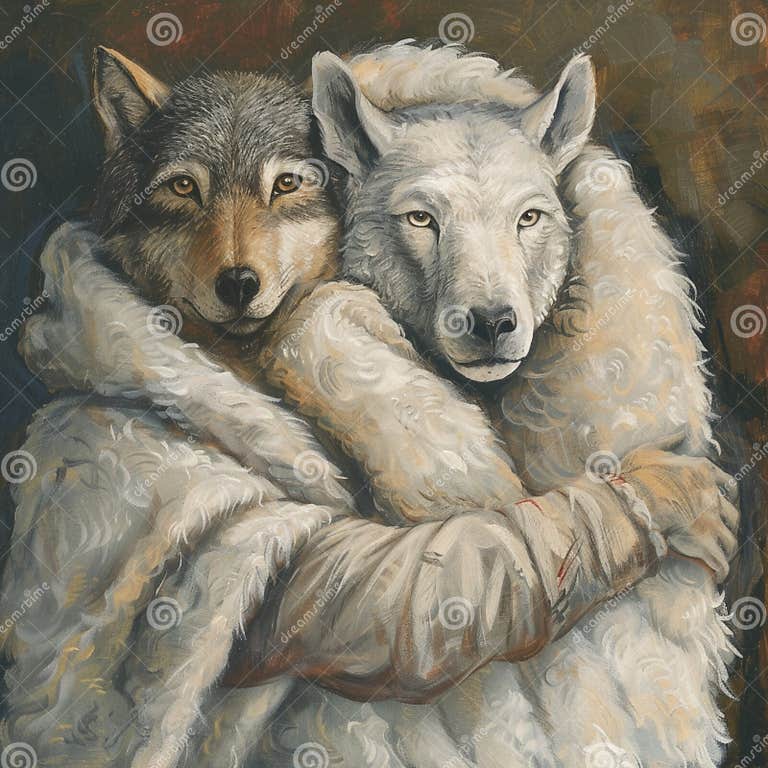 A Heartwarming Scene of Two Wolves Showing Affection and Unity Stock ...