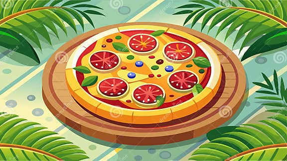 Hearty Pizza on a Palm Leaf Plate Against a Minimalist or Empty Room ... Hearty Pizza on a Palm Leaf Plate Against a Minimalist or Empty Room ...