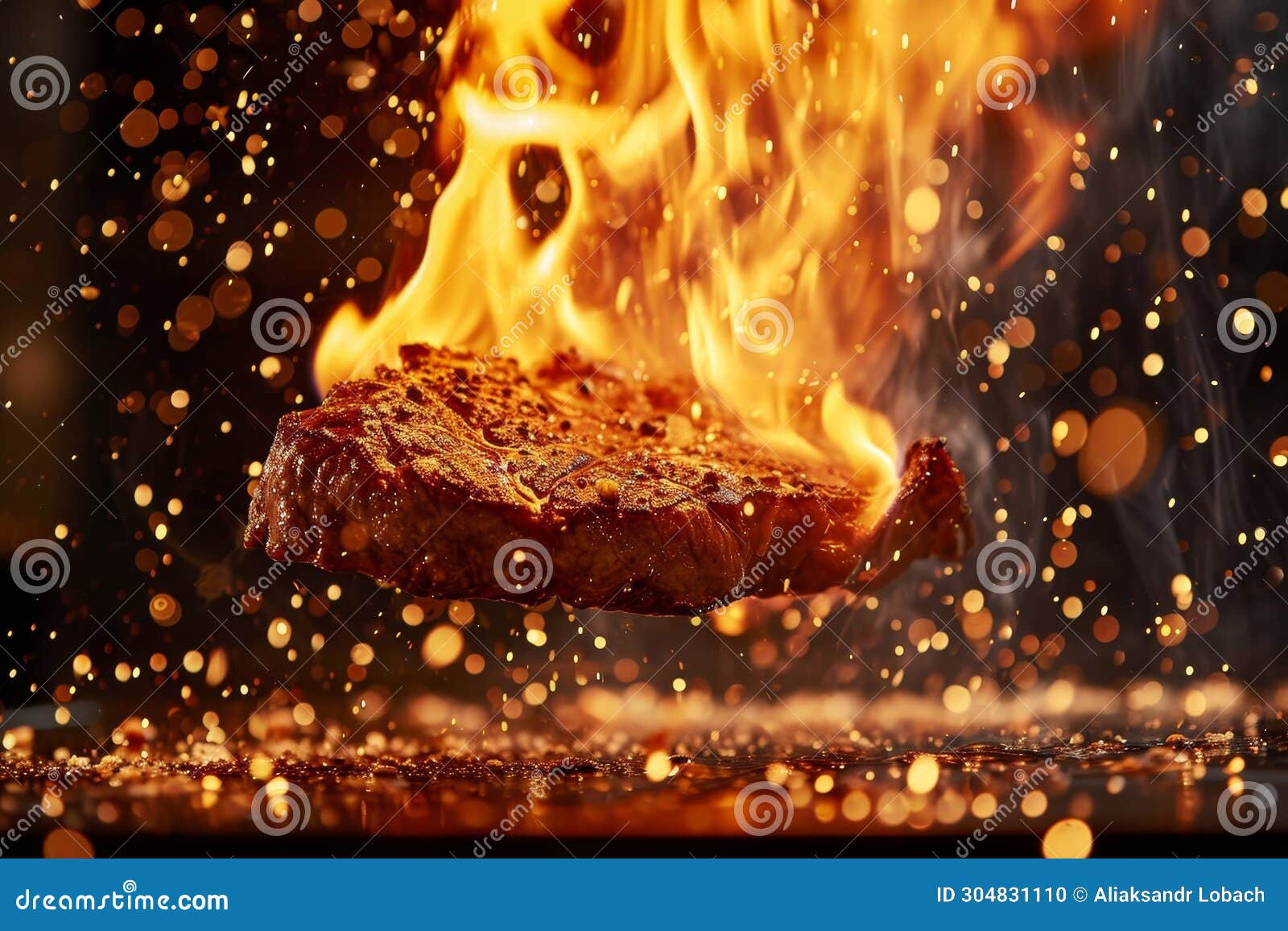A Hearty Steak on Fire, Sizzling on a Hot Grill Stock Photo - Image of ...