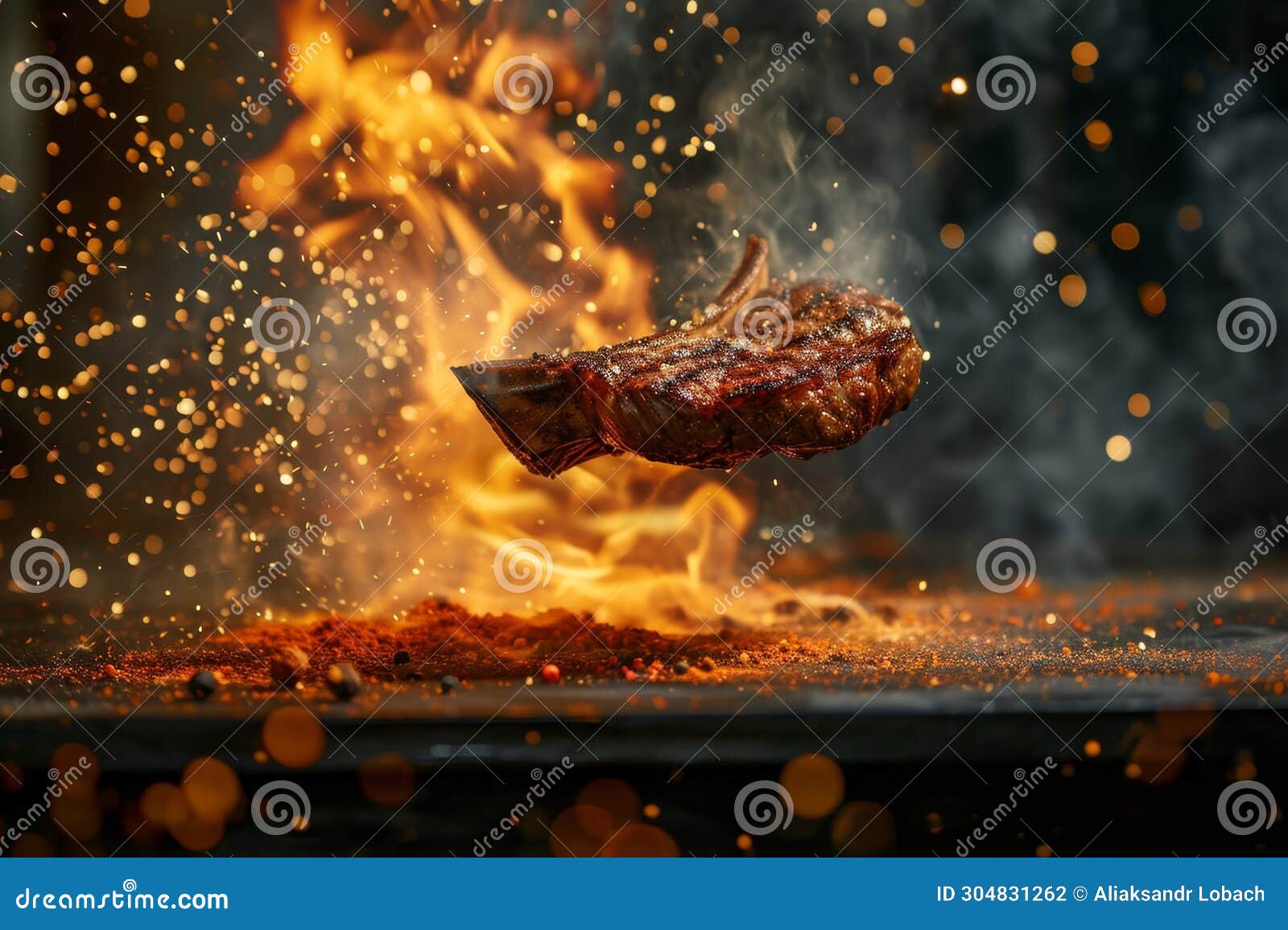 A Hearty Steak on Fire, Sizzling on a Hot Grill Stock Photo - Image of ...