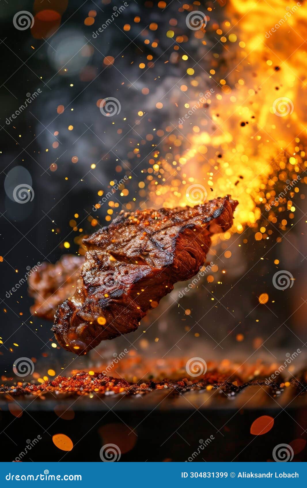 A Hearty Steak on Fire, Sizzling on a Hot Grill Stock Image - Image of ...