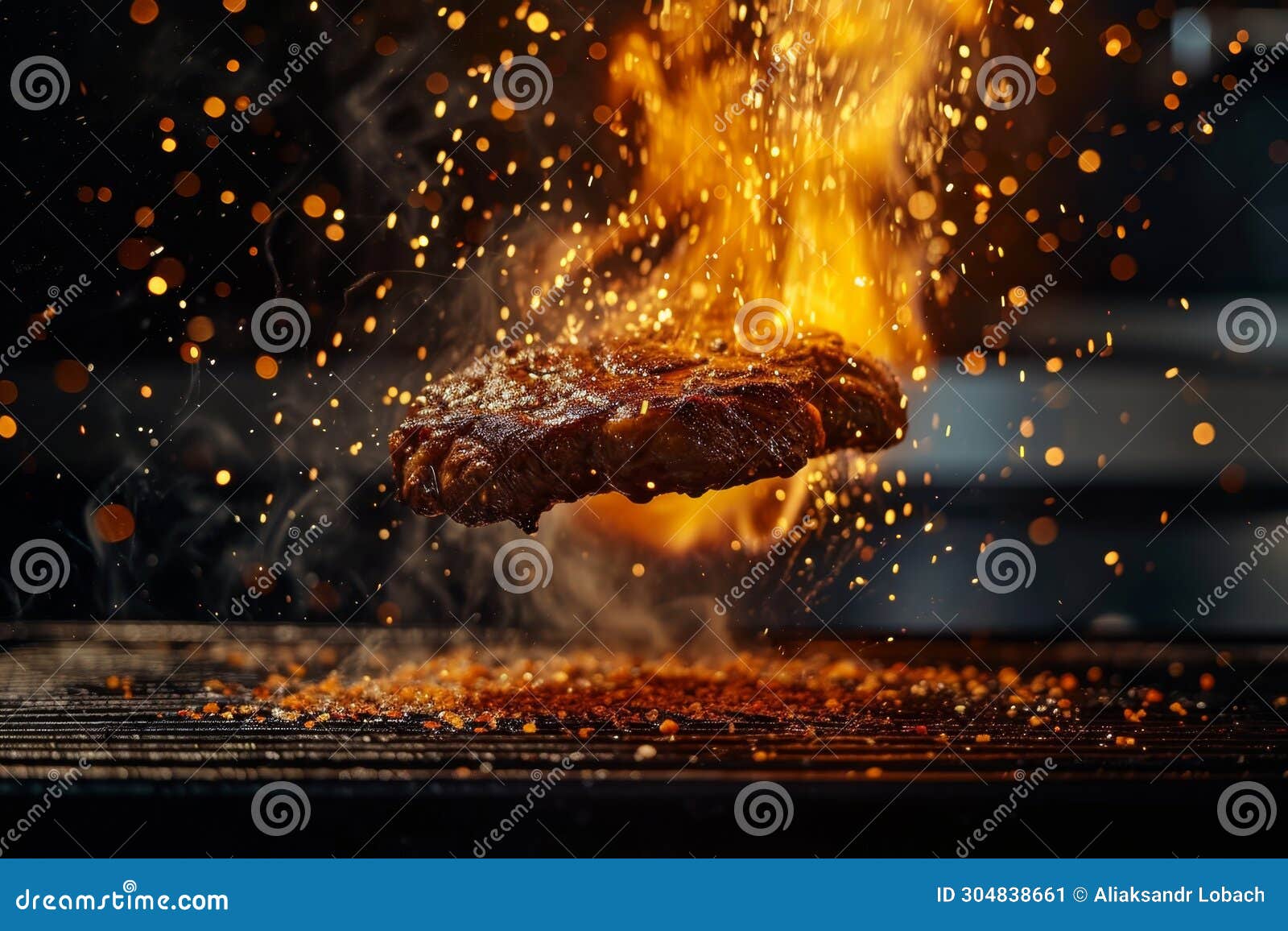 A Hearty Steak on Fire, Sizzling on a Hot Grill Stock Illustration ...