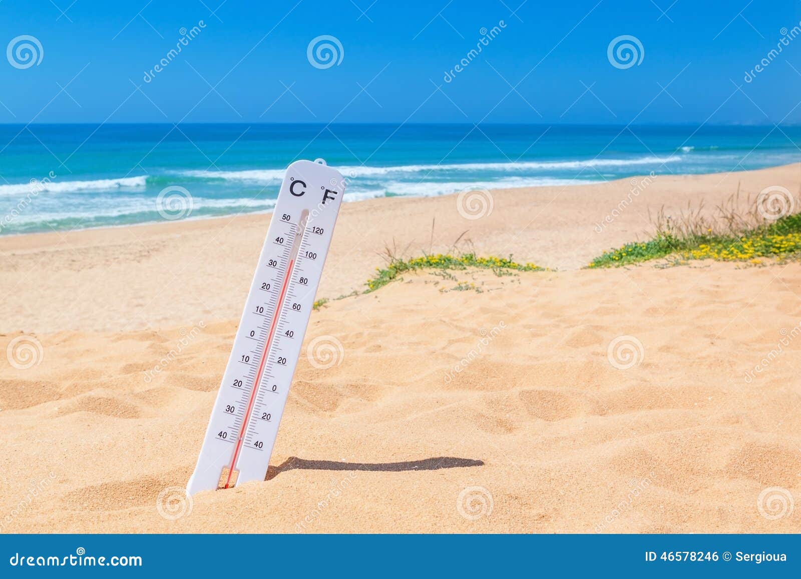 The Heat on the Beach. Thermometer for Temperature . Stock Photo ...