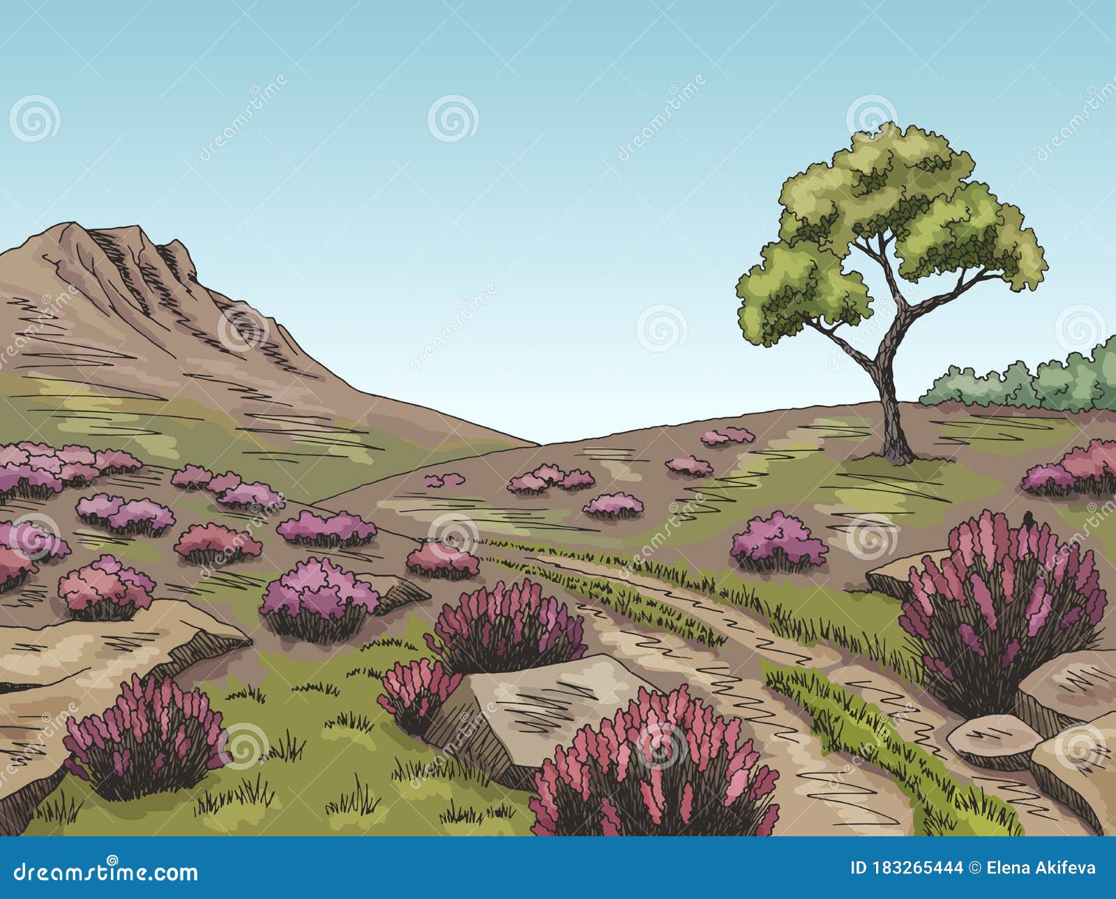 Heathland Graphic Color Landscape Sketch Illustration Vector Stock ...