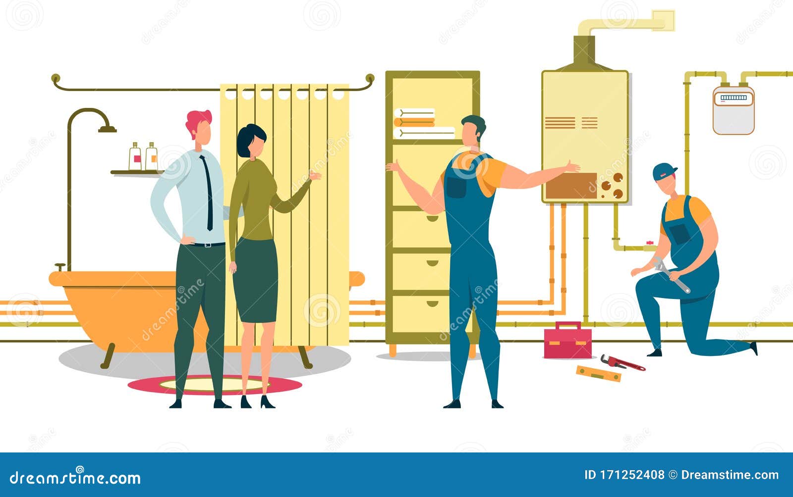 Heating Company Technicians Team Installing Boiler Stock Vector ...