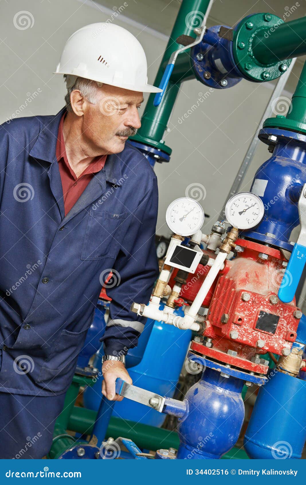 Heating Engineer Repairman in Boiler Room Stock Photo - Image of pipe ...
