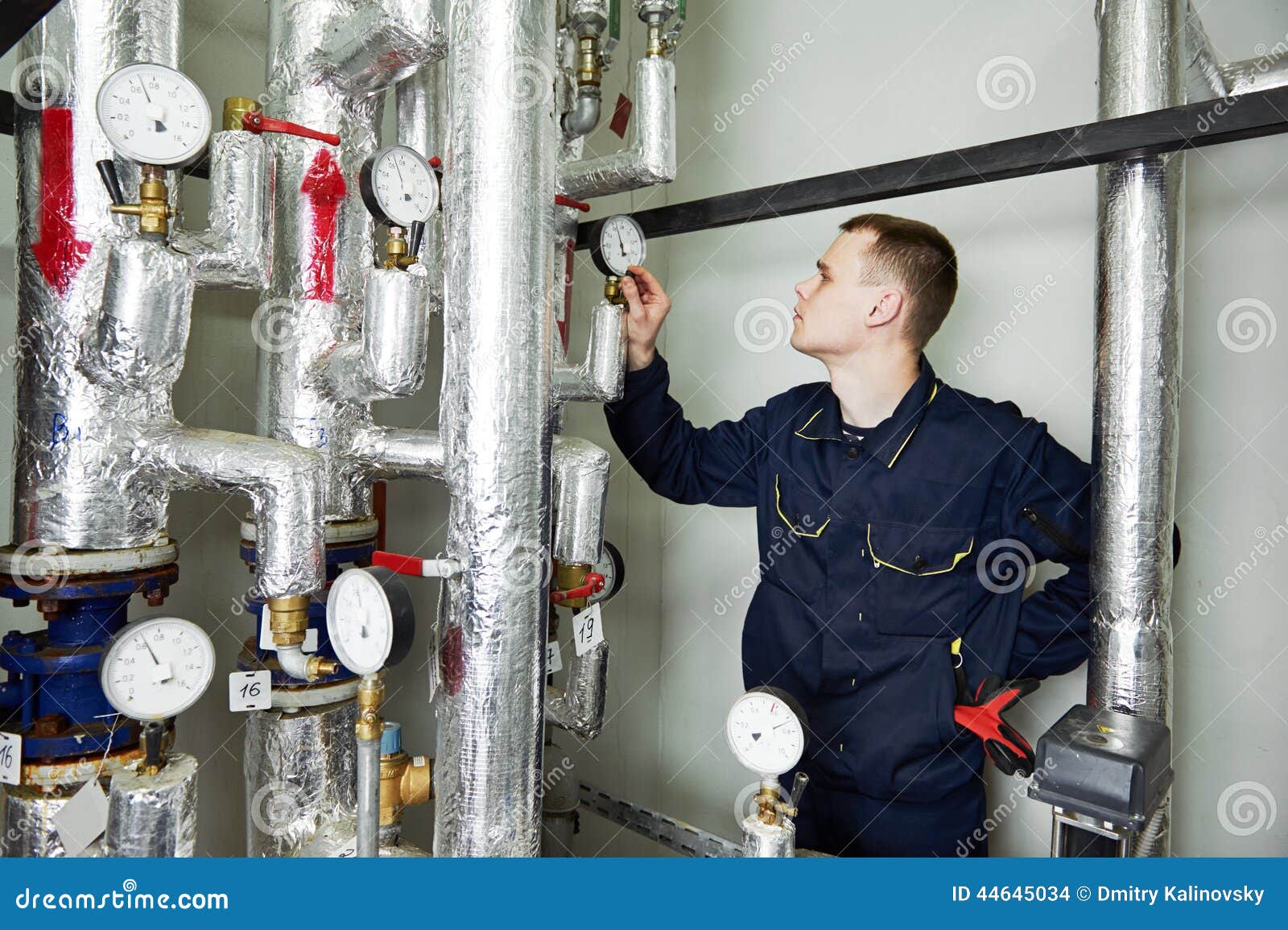 Heating Engineer Repairman in Boiler Room Stock Photo - Image of pipe ...