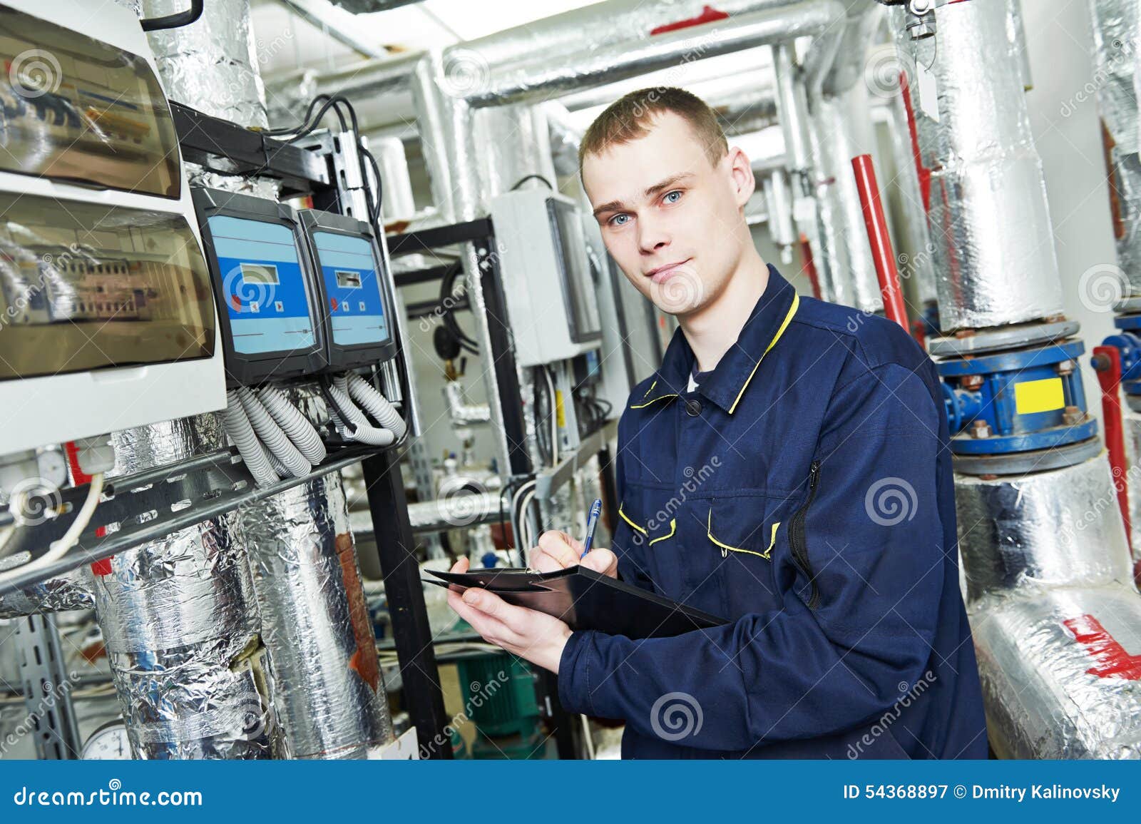 Heating Engineer Repairman in Boiler Room Stock Image - Image of pipe ...
