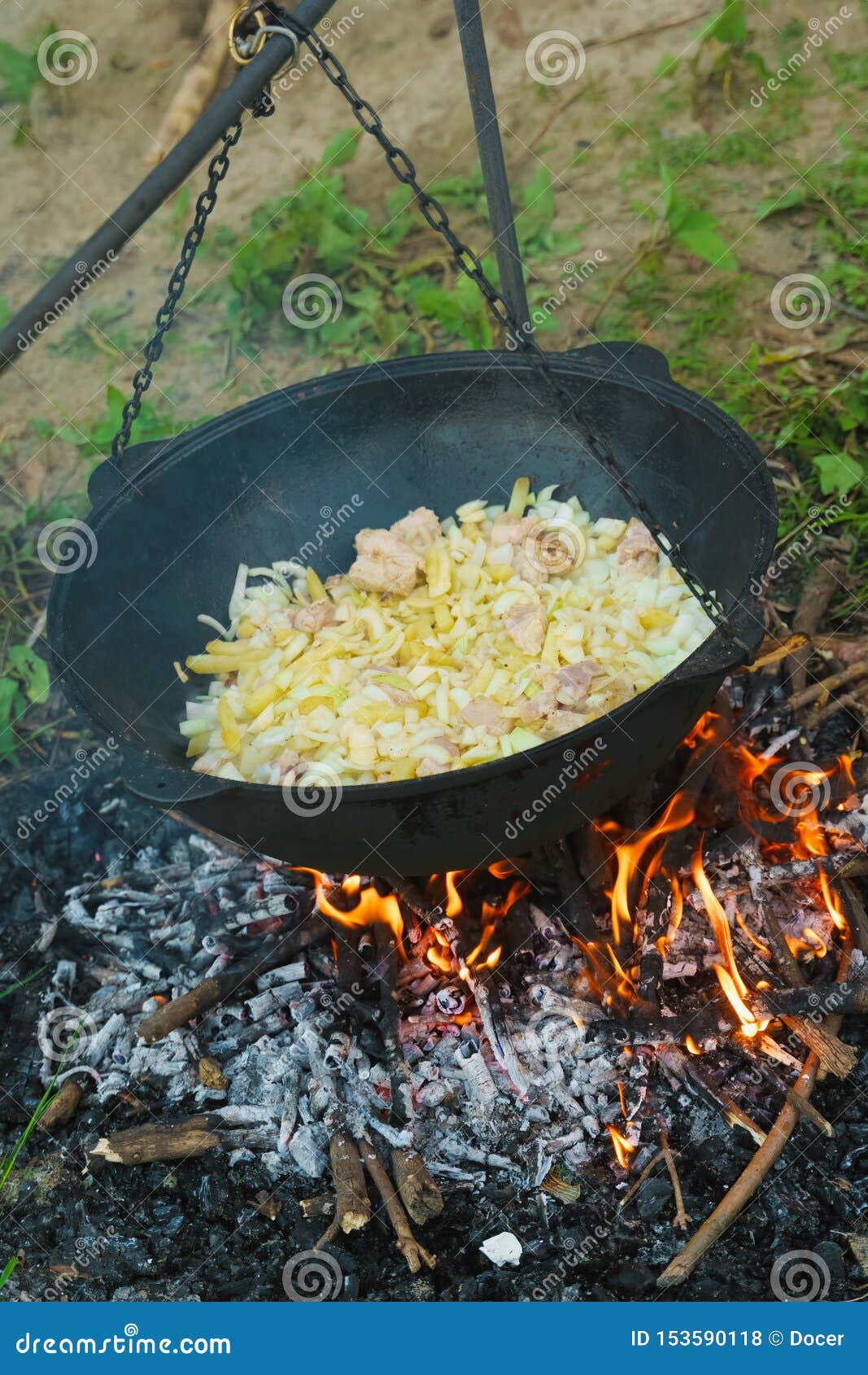 Heating Kettle with Food on Fire. Beginning Cooking Stock Photo - Image ...