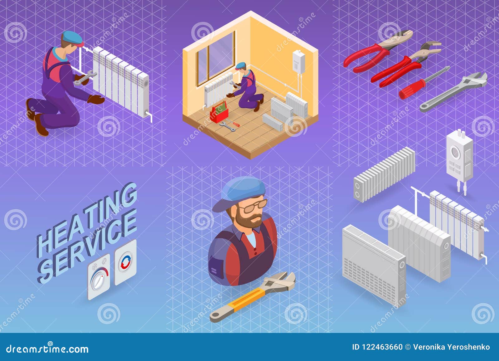 Heating Service. Isometric Concept. Worker, Equipment. Stock Vector ...