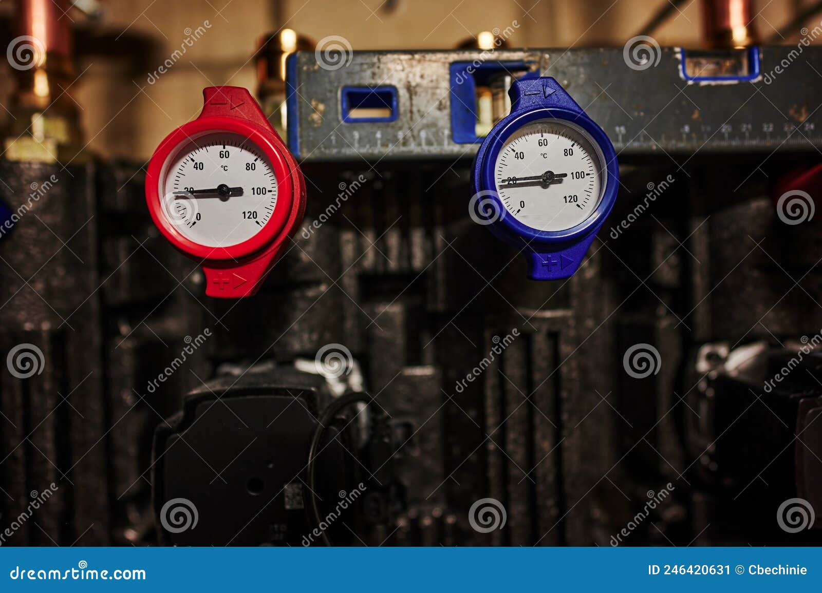 Heating System Under Construction with a View To the Thermometers of ...