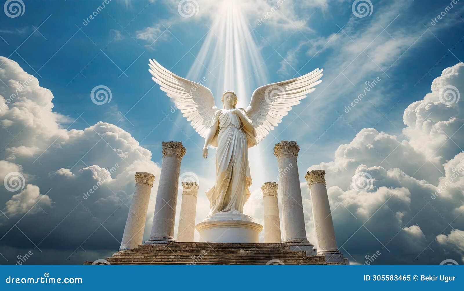 A Heavenly Angel in Front of Columns Rising from Clouds into the Sky ...