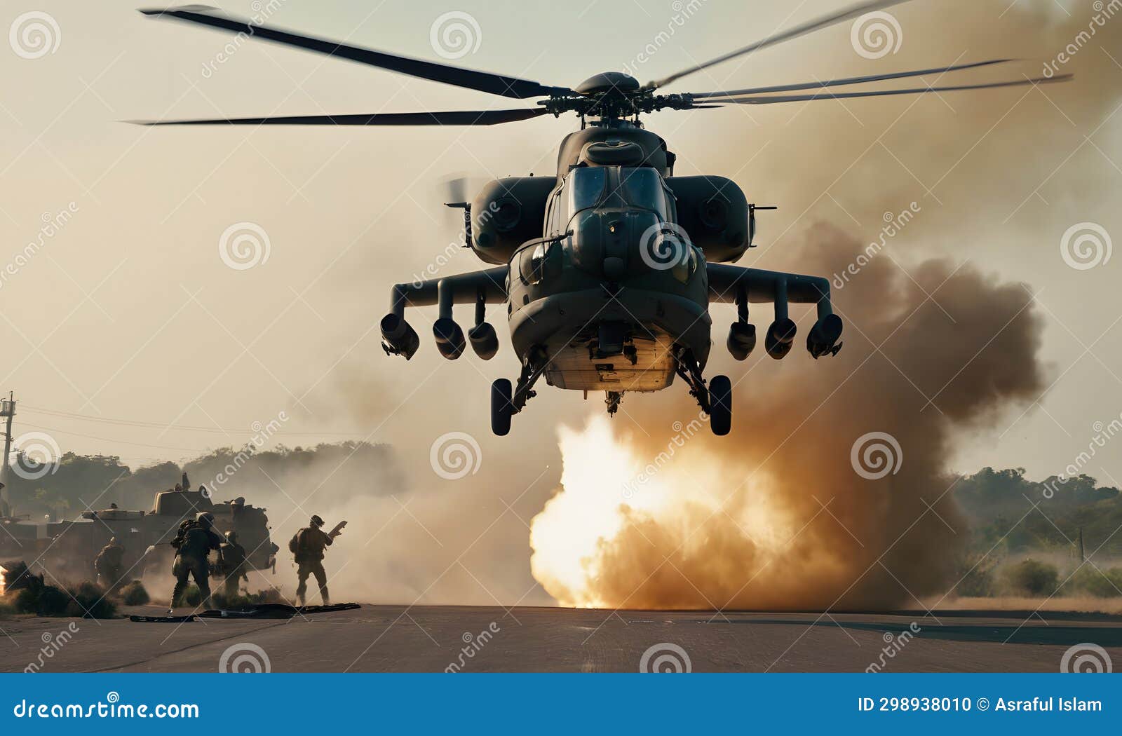 A Heavily Armed Gunship Helicopter Hovering Over a Dramatic Battlefield ...