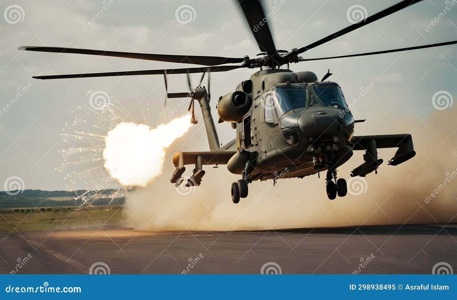 A Heavily Armed Gunship Helicopter Hovering Over a Dramatic Battlefield ...