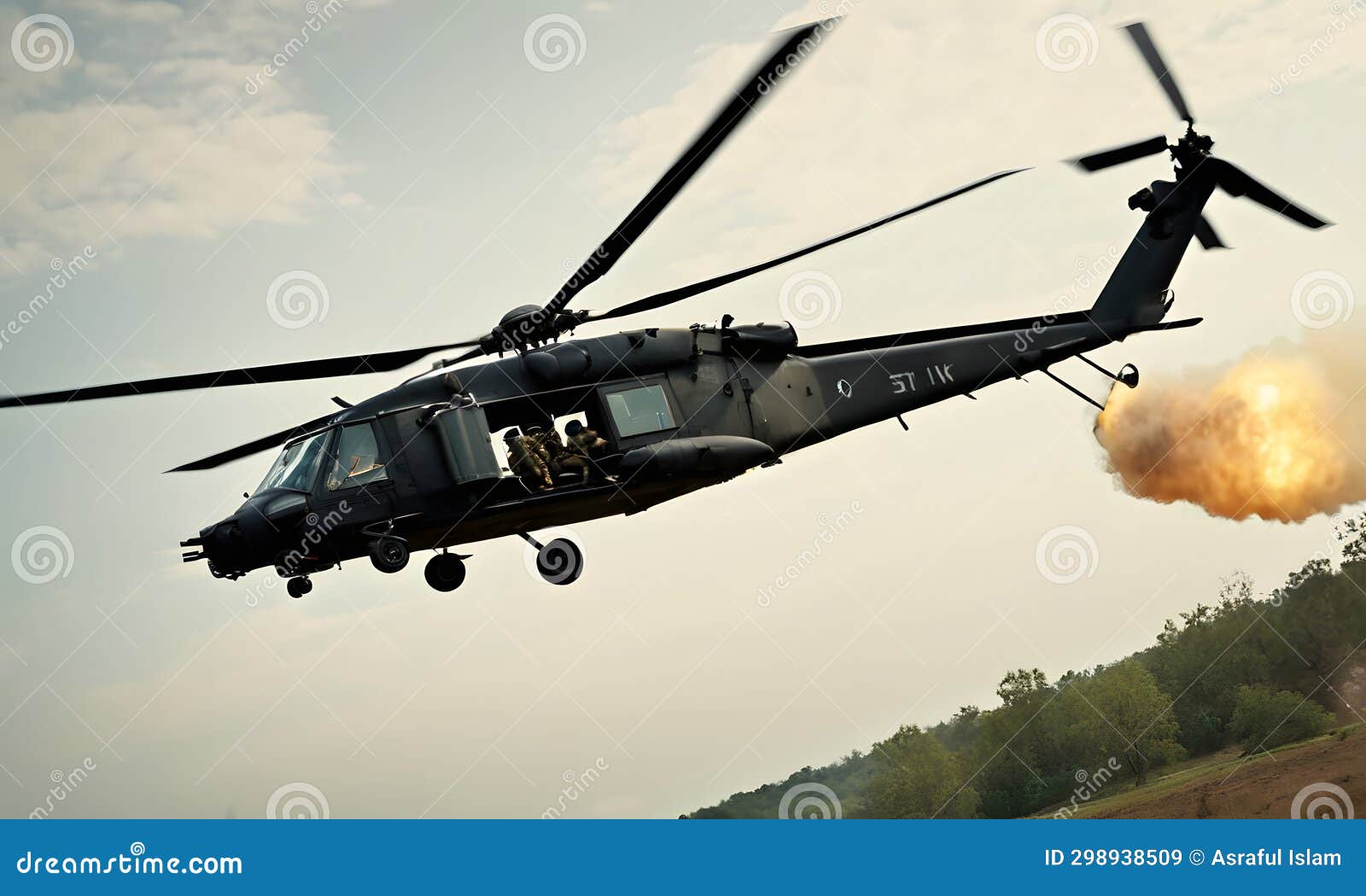 A Heavily Armed Gunship Helicopter Hovering Over a Dramatic Battlefield ...