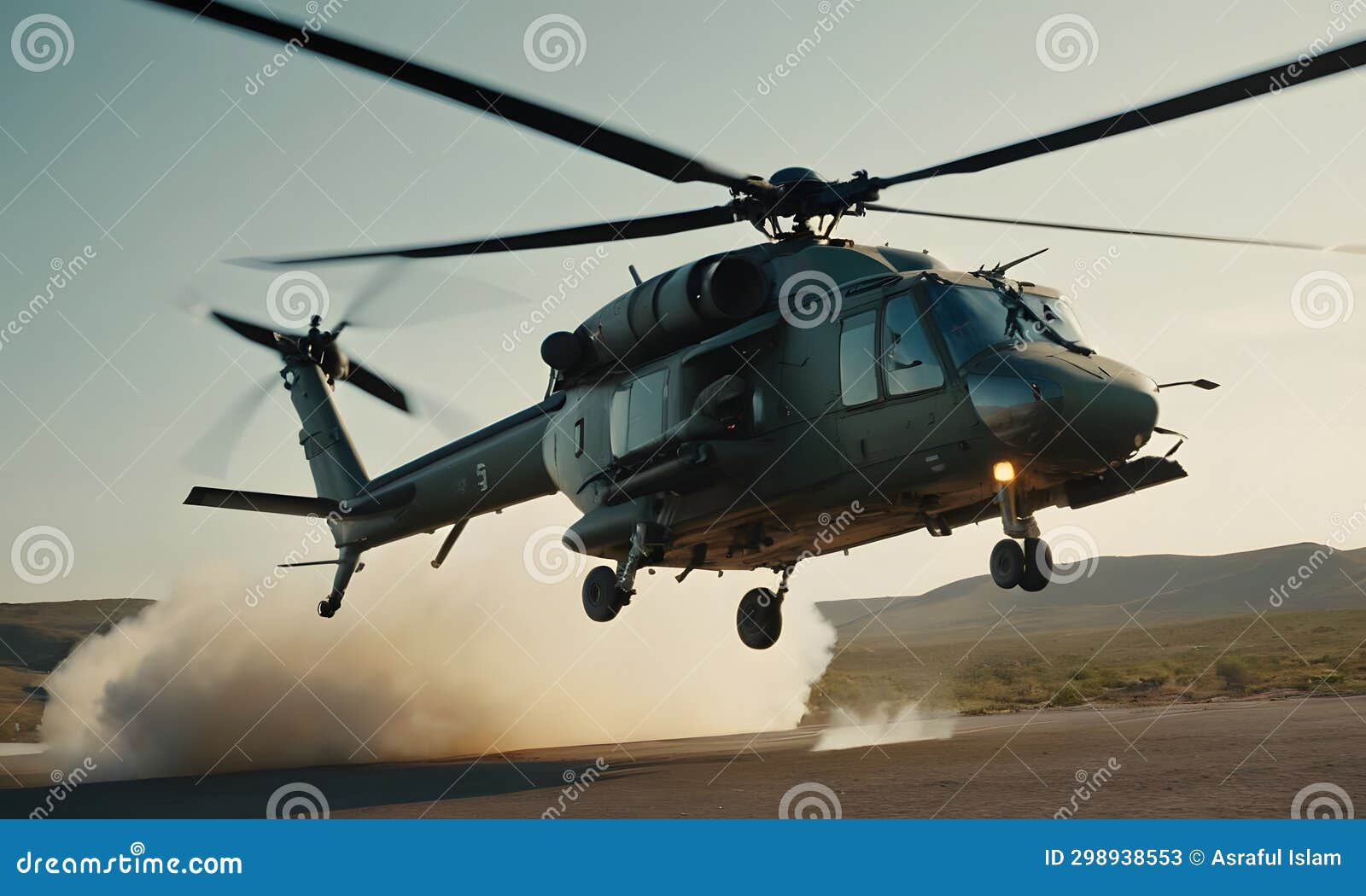 A Heavily Armed Gunship Helicopter Hovering Over a Dramatic Battlefield ...