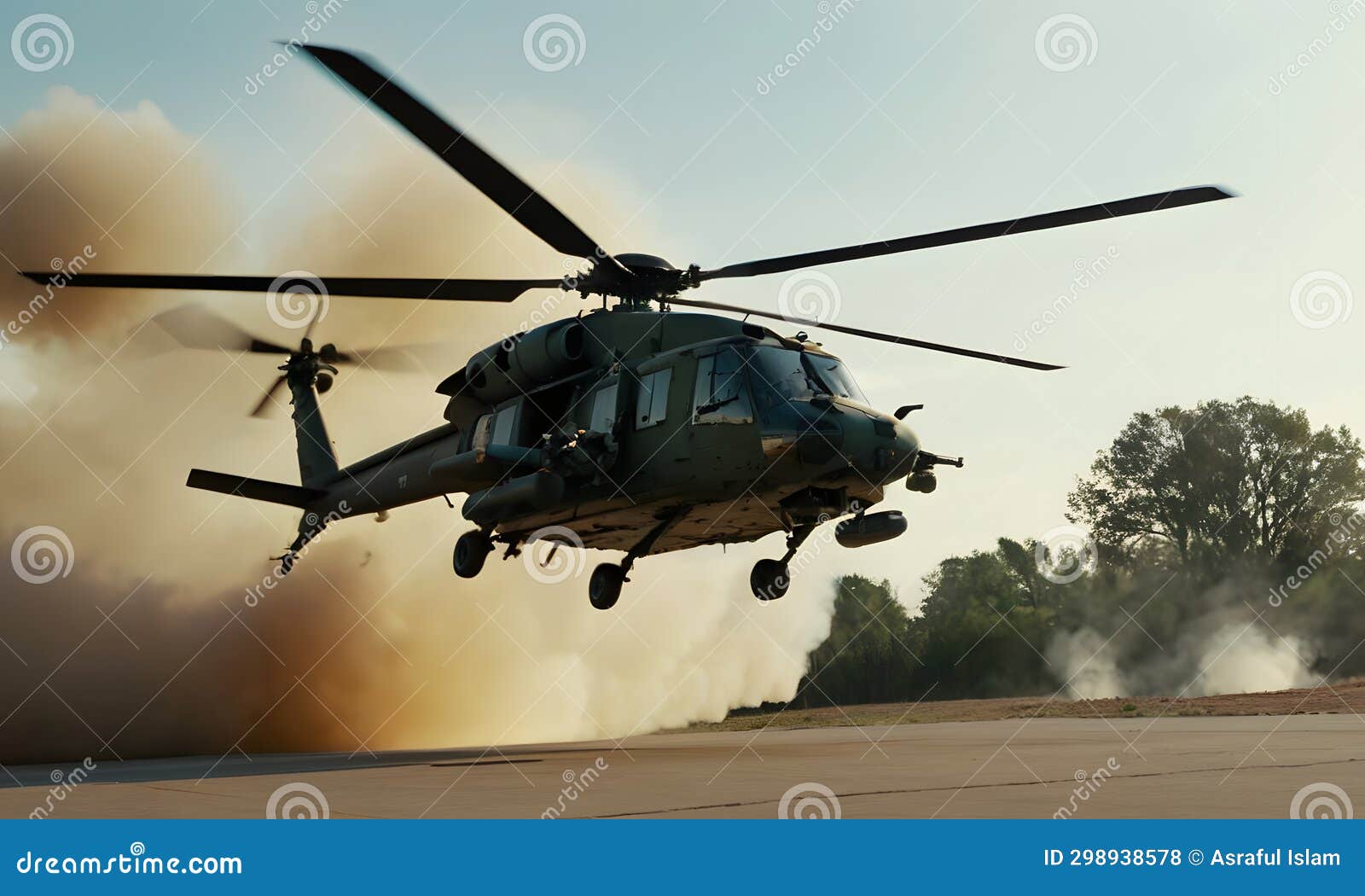 A Heavily Armed Gunship Helicopter Hovering Over a Dramatic Battlefield ...