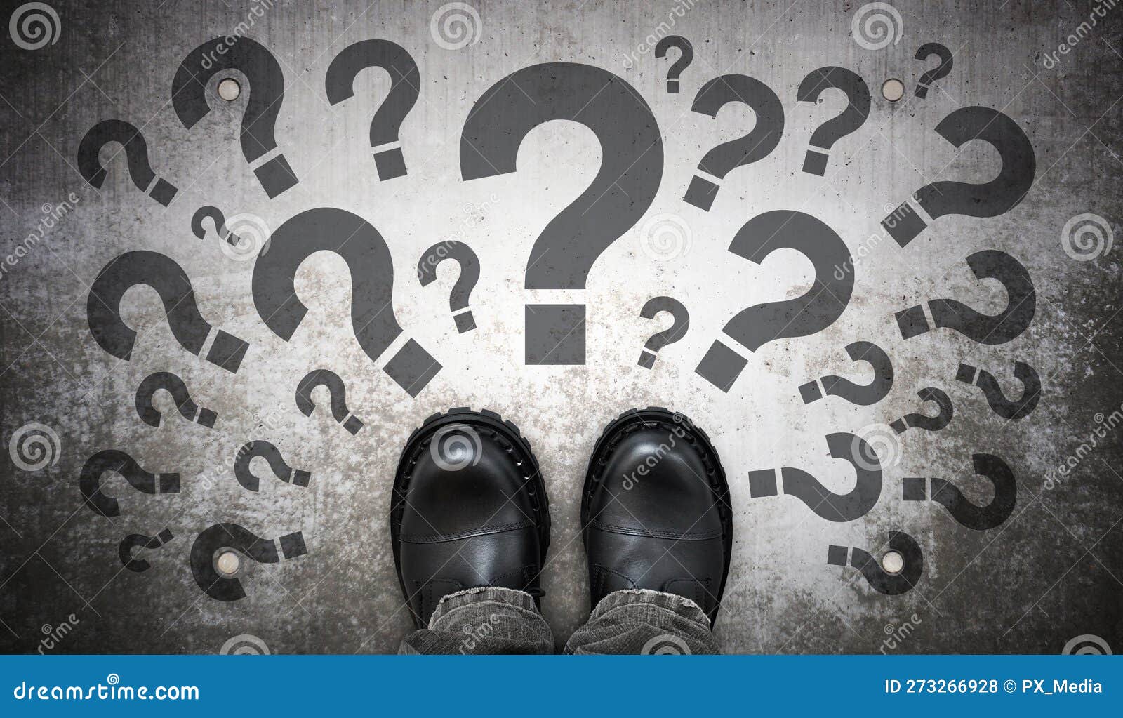 Heavy Black Leather Boots and Many Question Marks Stock Photo - Image ...