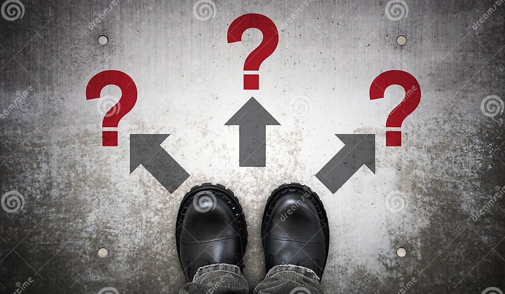 Heavy Black Leather Boots, Three Arrows and Question Marks Stock Image ...