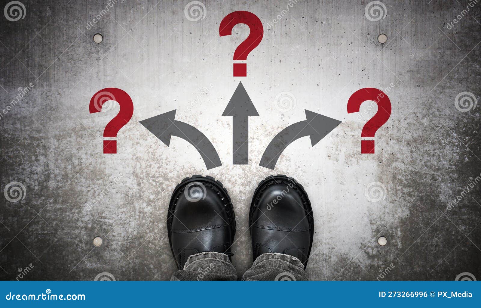 Heavy Black Leather Boots, Three Arrows and Question Marks Stock Photo ...