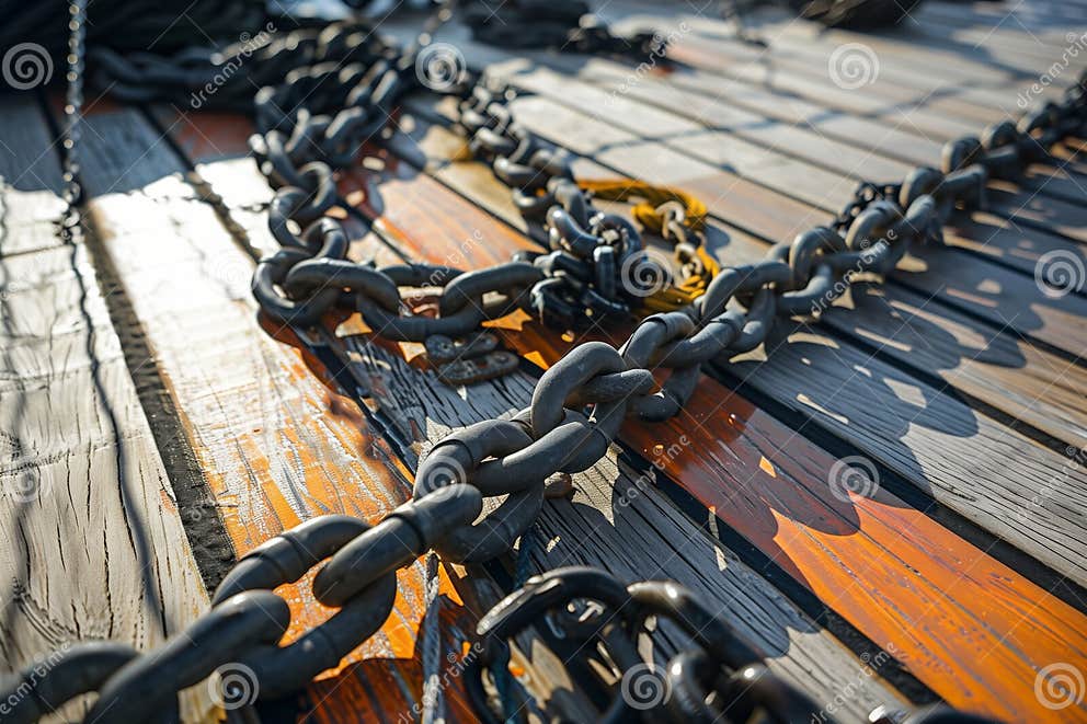 Heavy Chains and Ropes Securing Cargo on Wood Deck Stock Image - Image ...