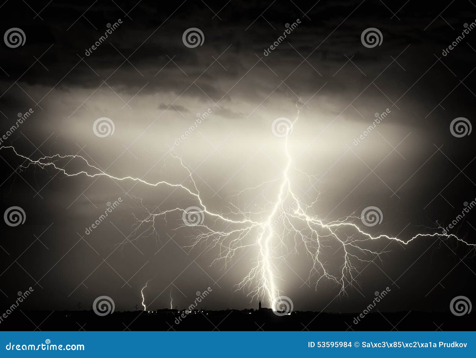 Heavy Clouds, Thunder, Lightnings and Rain during Storm Over City Stock ...