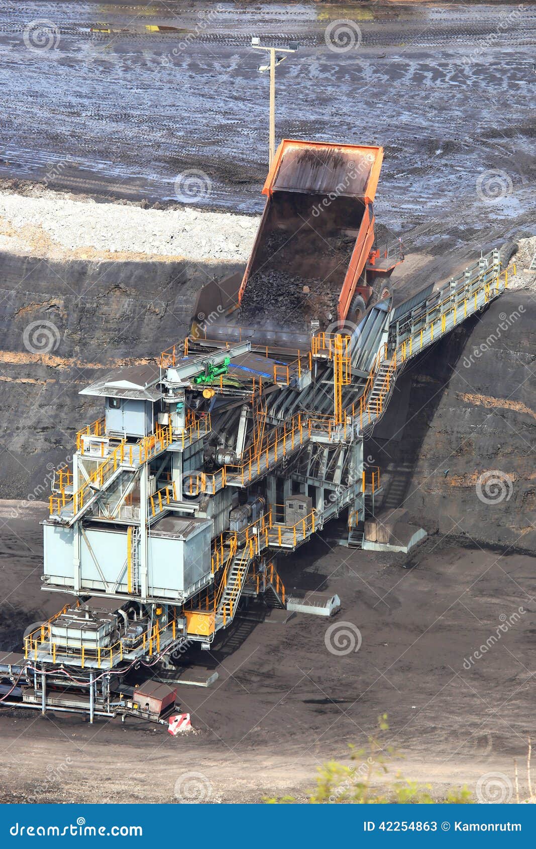 Heavy Construction Tipper Trucks Dump Coal To the Conveyor Stock Image ...
