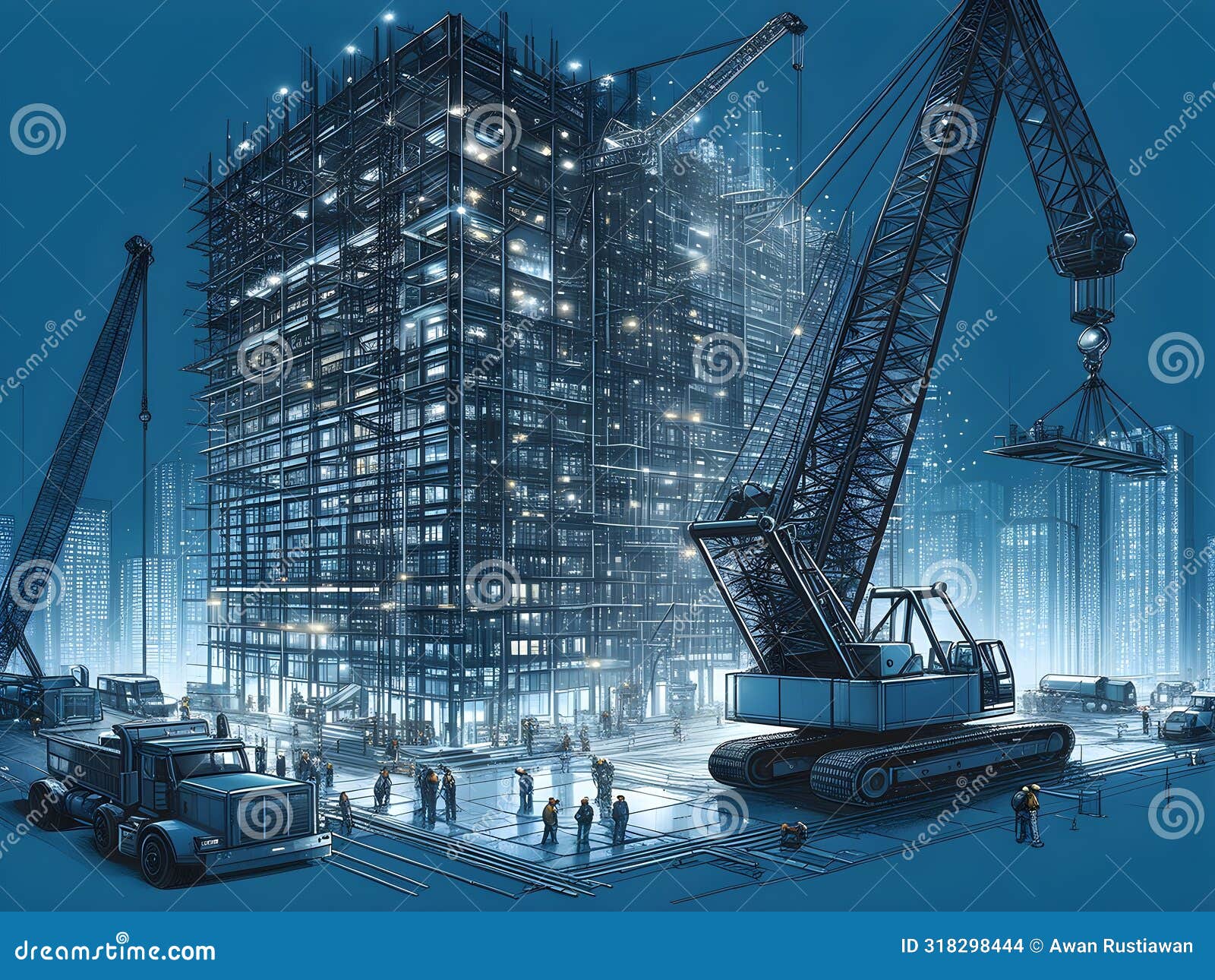 Heavy Construction Vehicles Building a Modern Skyscraper. Dynamic Urban ...