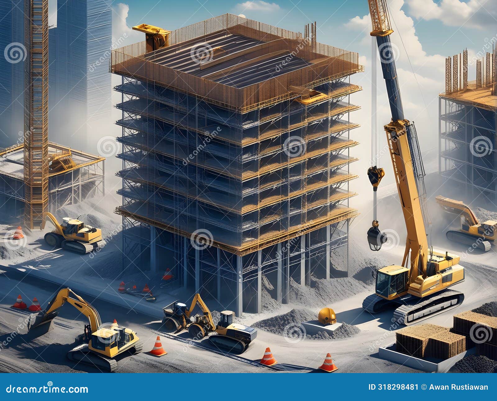 Heavy Construction Vehicles Building a Modern Skyscraper. Dynamic Urban ...