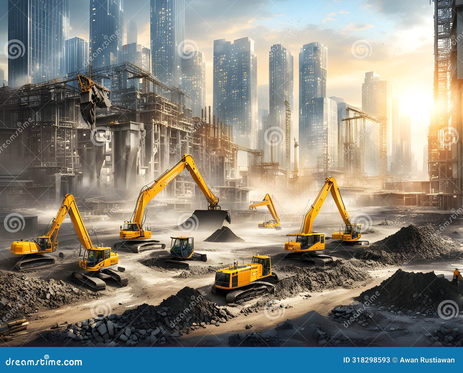 Heavy Construction Vehicles Building a Modern Skyscraper. Dynamic Urban ...