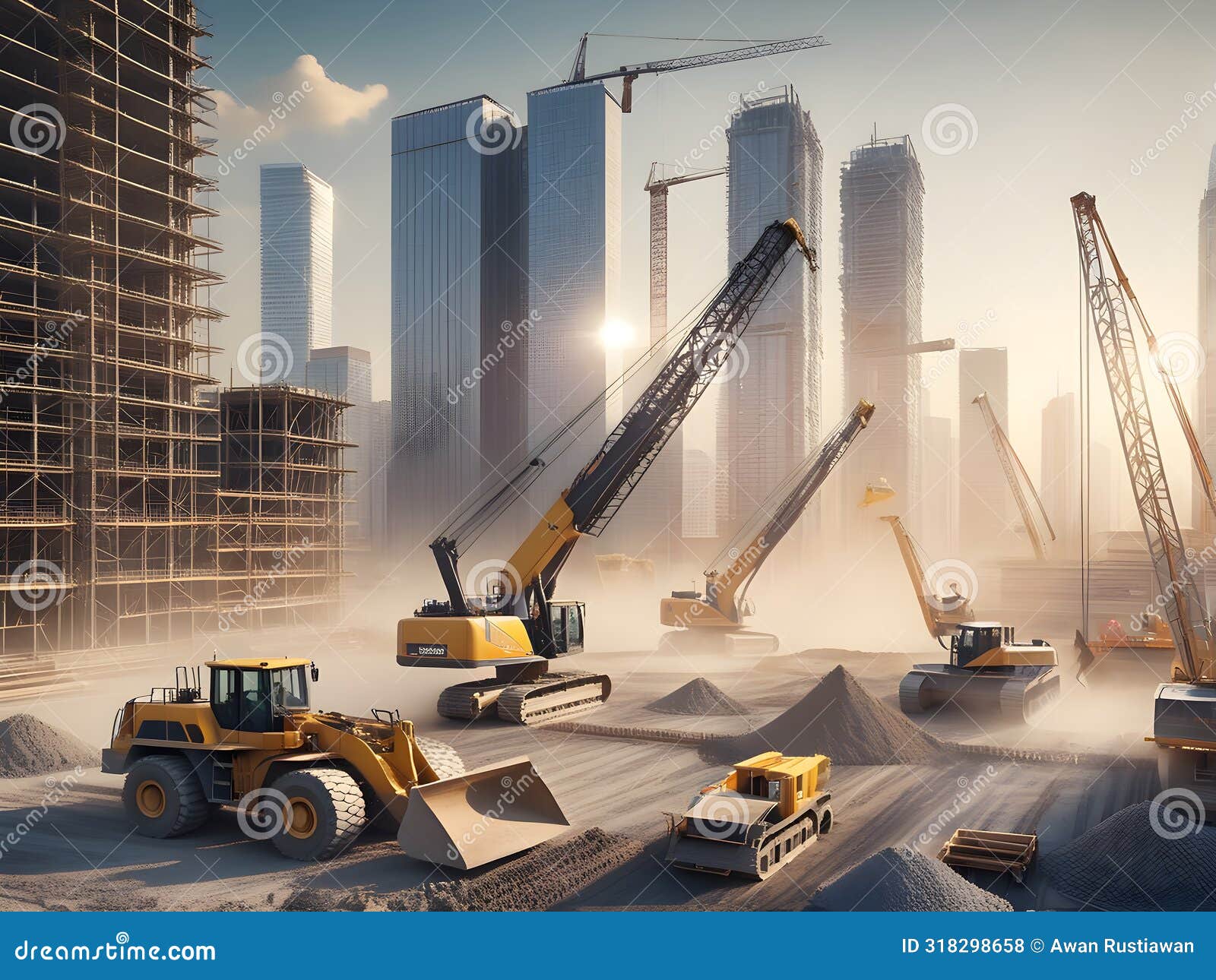 Heavy Construction Vehicles Building a Modern Skyscraper. Dynamic Urban ...