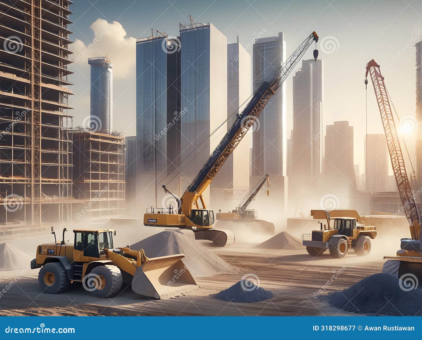 Heavy Construction Vehicles Building a Modern Skyscraper. Dynamic Urban ...