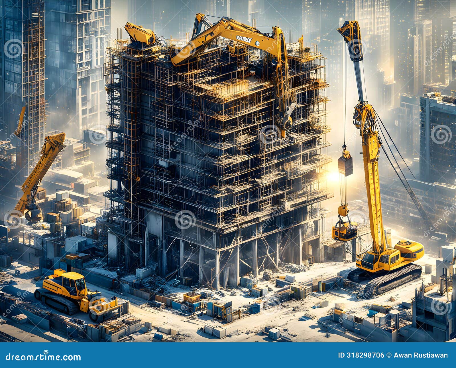 Heavy Construction Vehicles Building a Modern Skyscraper. Dynamic Urban ...