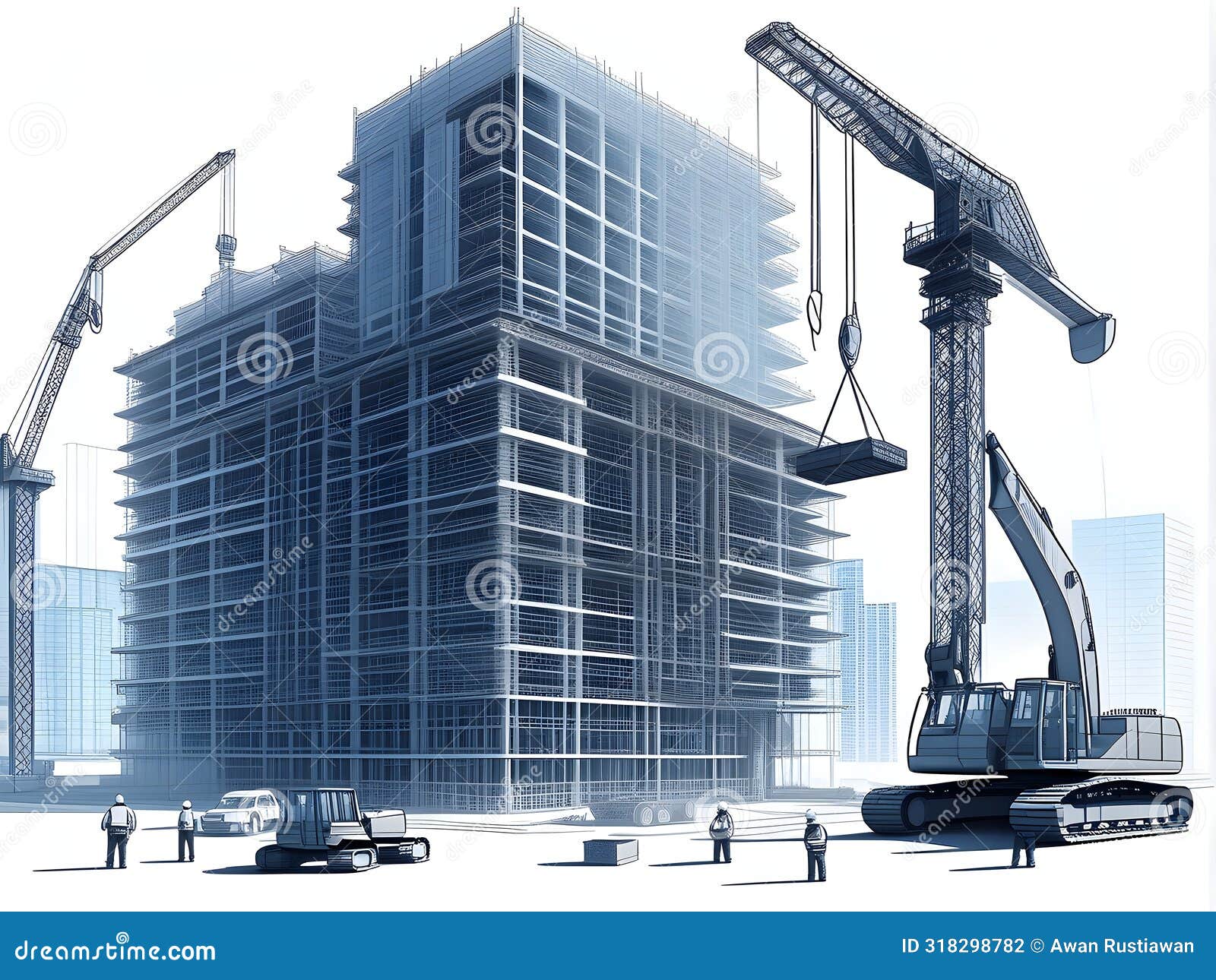 Heavy Construction Vehicles Building a Modern Skyscraper. Dynamic Urban ...