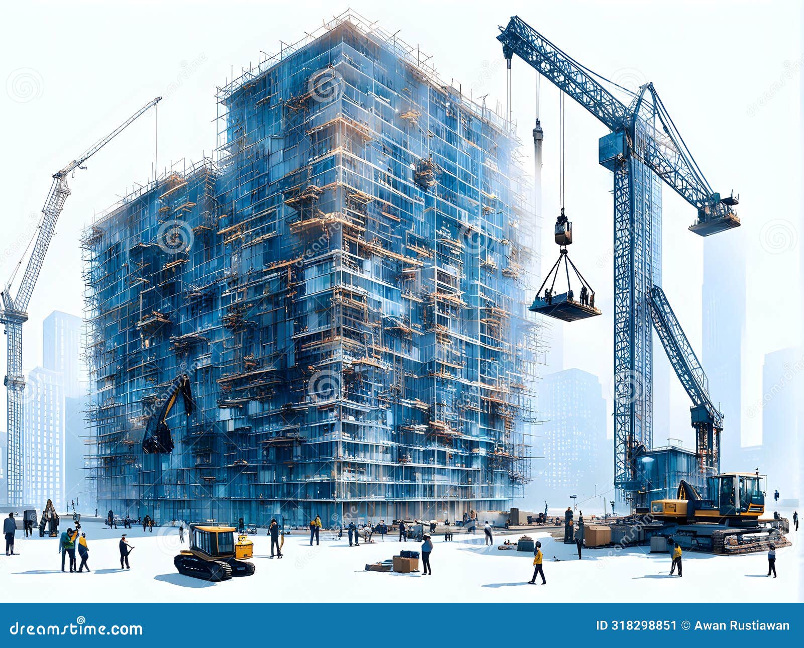 Heavy Construction Vehicles Building a Modern Skyscraper. Dynamic Urban ...